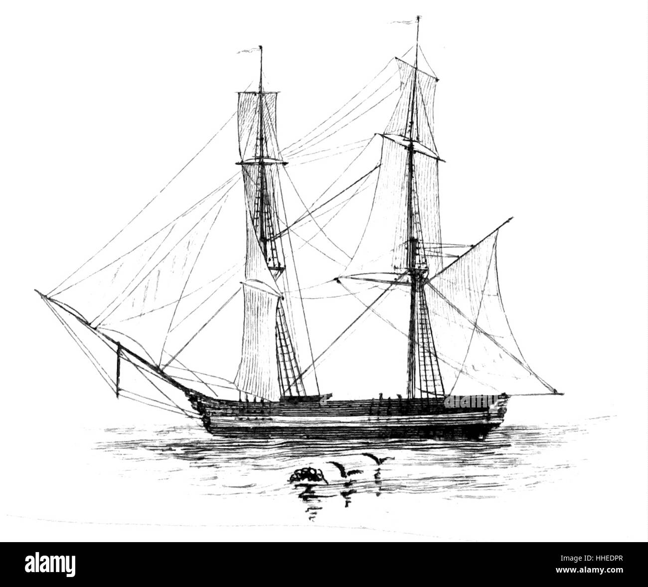 Engraving depicting a brig, a sailing vessel with two square-rigged ...
