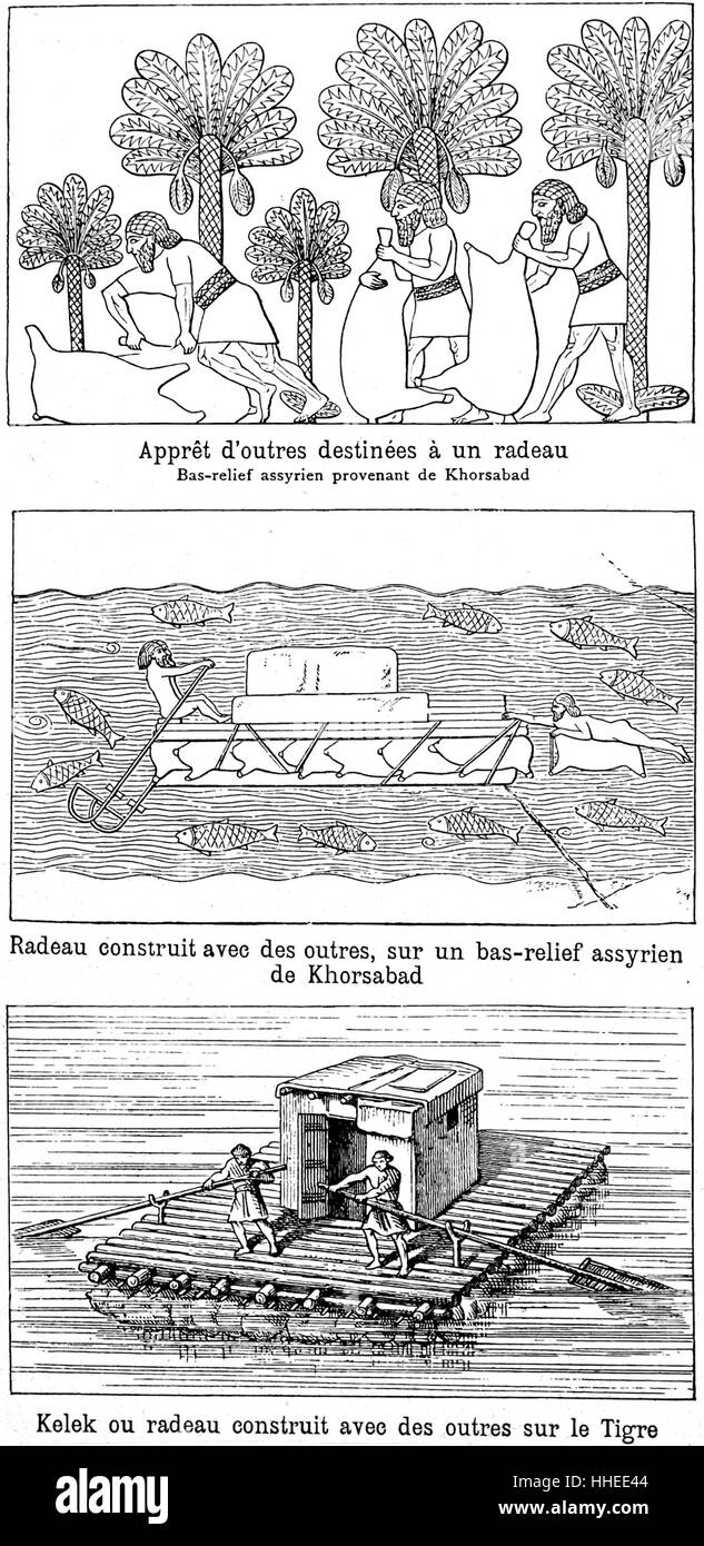 19th Century drawings of Assyrian reliefs depicting life on the river ...