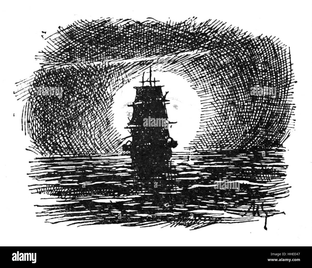 Engraving depicting a ship sailing into the sunset. Dated 19th Century ...