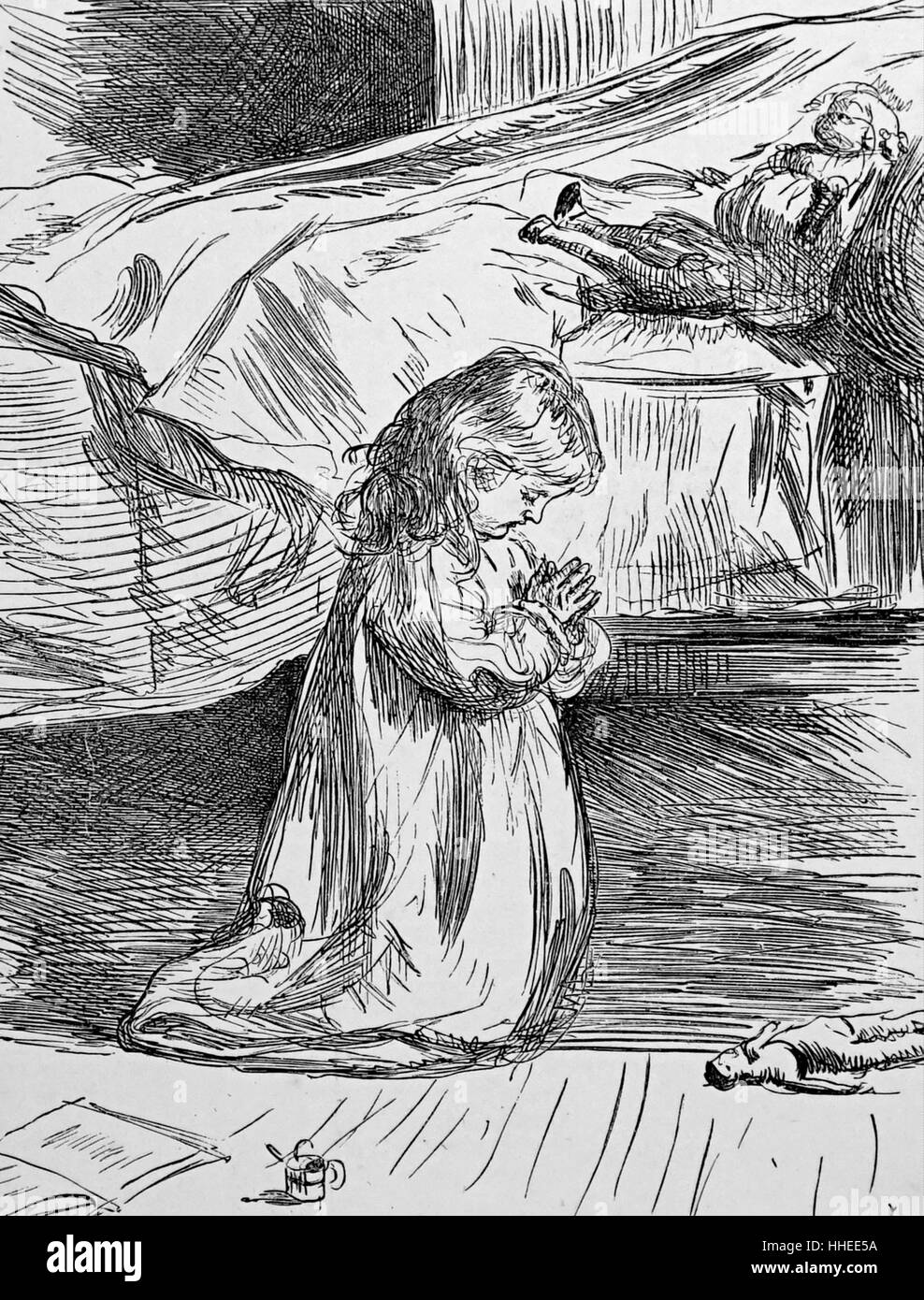 Engraving depicting a young girl praying at her bedside. Dated 19th ...