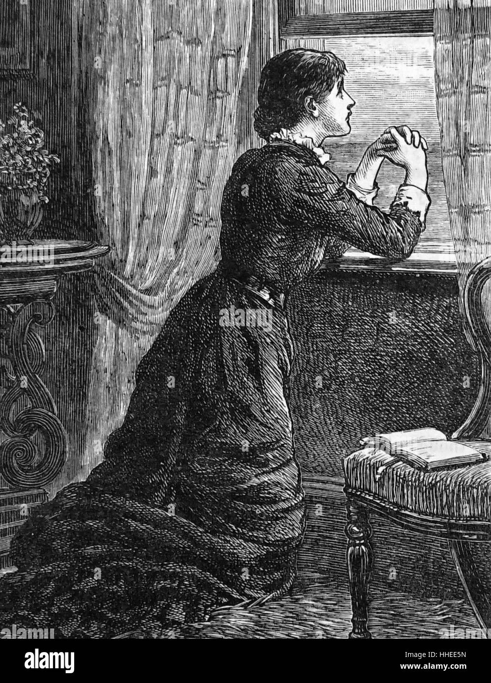 Engraving depicting a young girl praying at her window. Dated 19th ...
