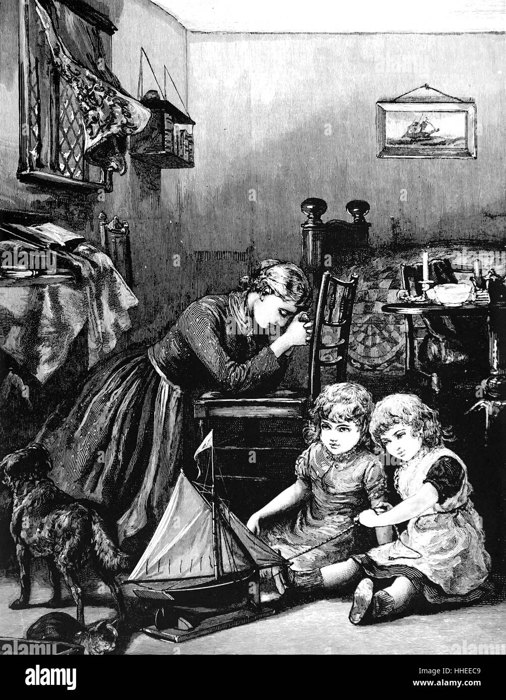 Engraving depicting a sailor's wife praying for her husband's safety ...