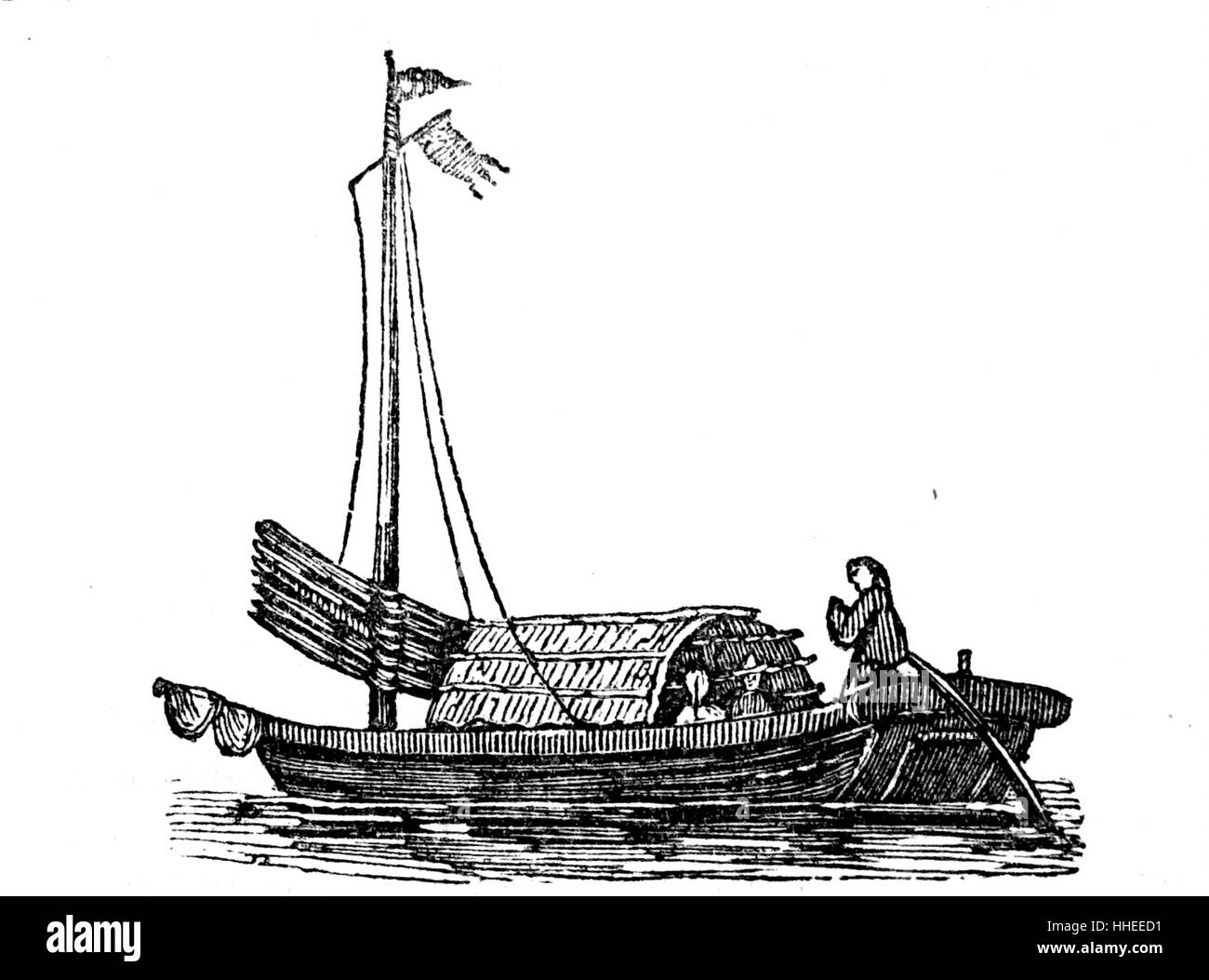 Engraving of a sampan engraving hi-res stock photography and images - Alamy