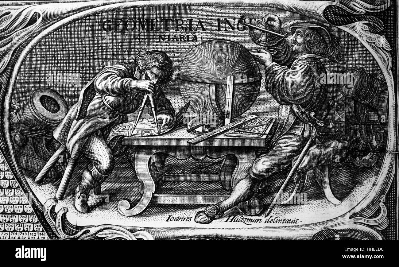 Vignette depicting military engineers at work. The man on the left is ...