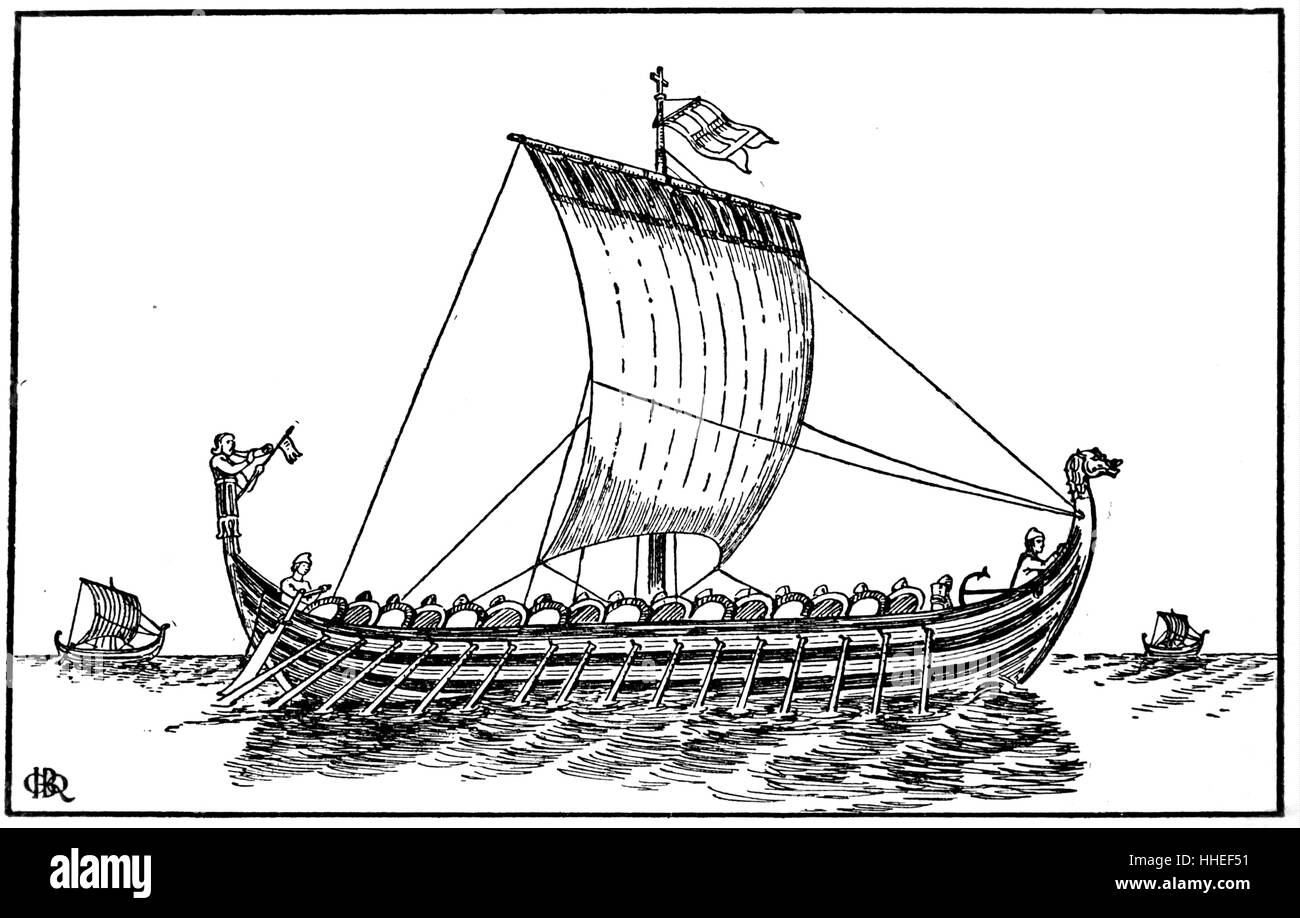 Woodcut of a Viking ship, marine vessels of unique design, built by the ...