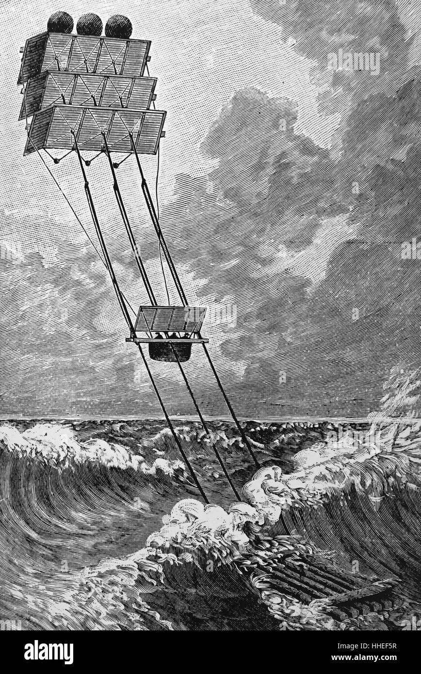 Engraving depicting an air and sea flying machine with a suspended ...