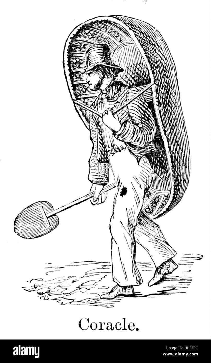 Illustration of a coracle, a small round boat made of wickerwork ...