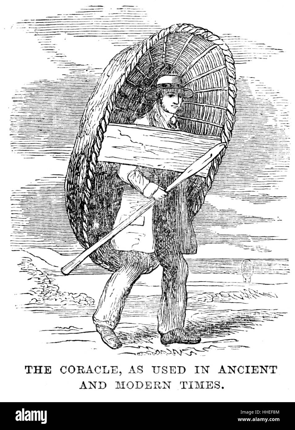 Illustration of a coracle, a small round boat made of wickerwork ...