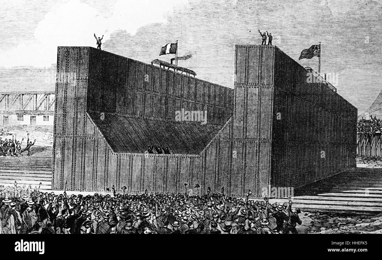Engraving depicting the launching of an iron floating dock, Callao ...