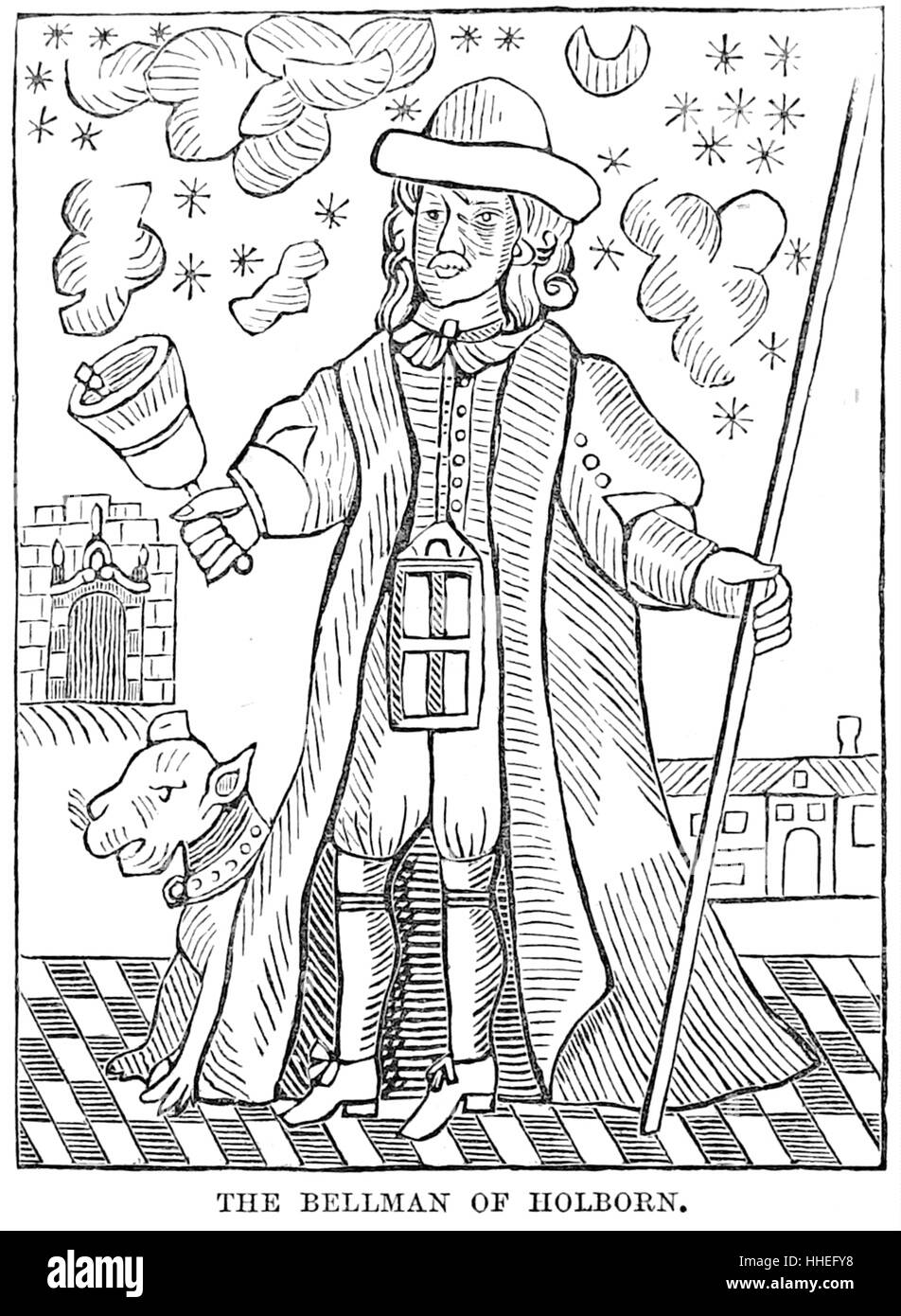 Engraving of a Bellman, also known as a night-watchman or Charley ...