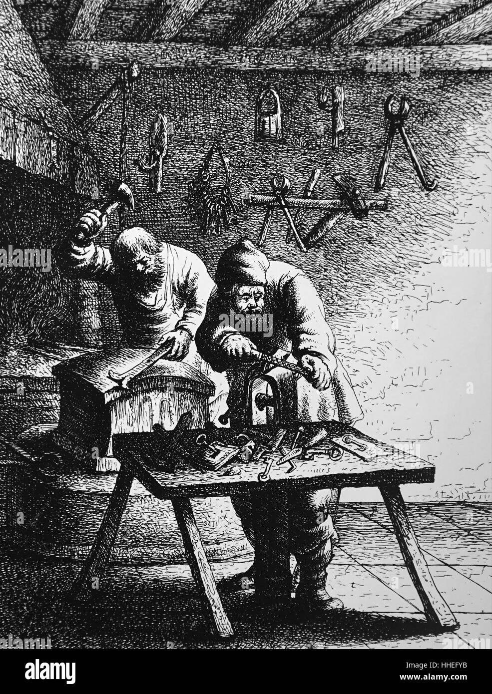 Engraving depicting a locksmith's workshop. Dated 17th Century Stock ...