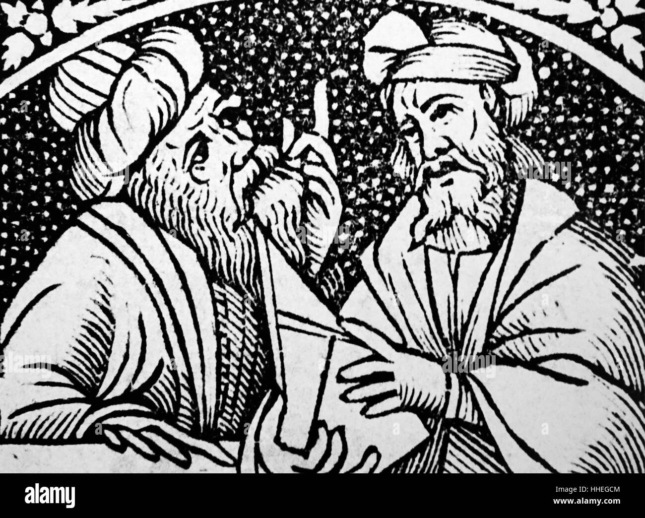 Engraving depicting an Arab astronomer, one holding an armillary sphere ...