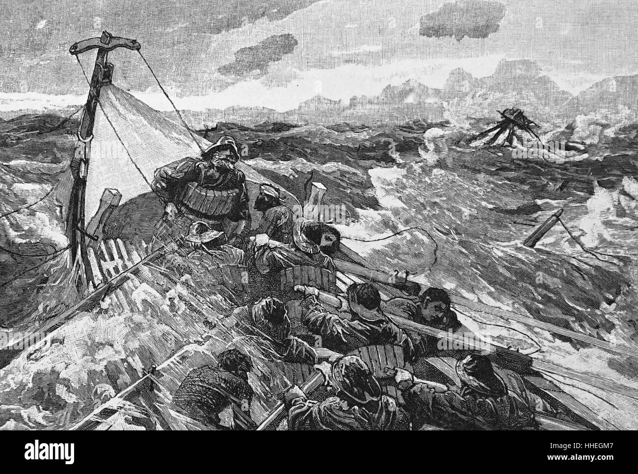 Engraving depicting a lifeboat returning home with men it has saved ...