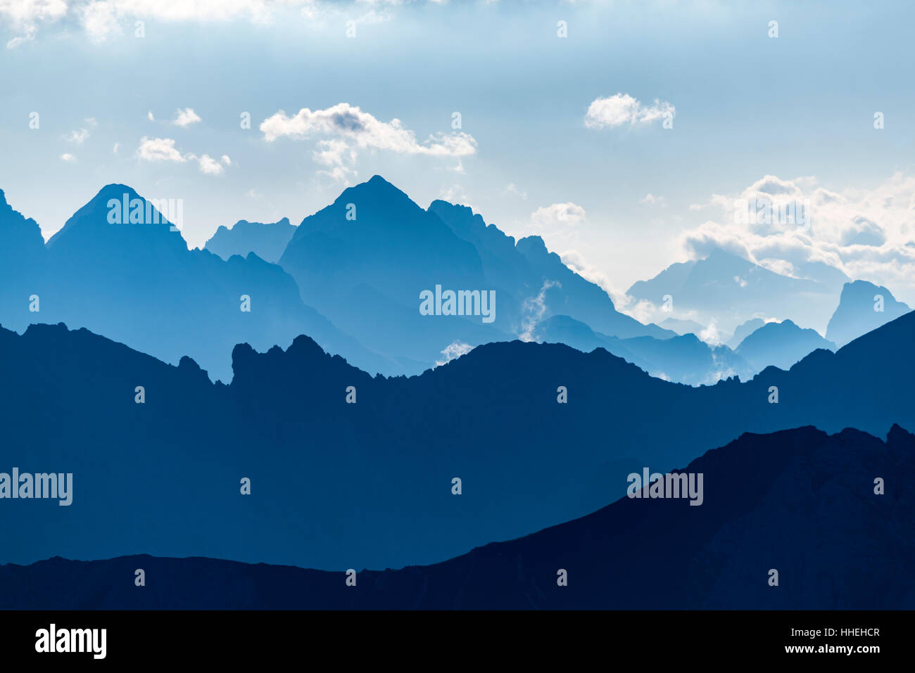 Ehrwald mountains in blue morning mist, Elemen, Lechtal, Bezirk Reutte ...