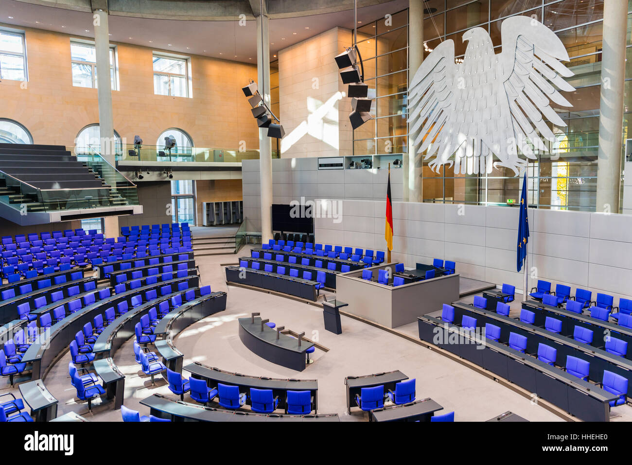 Empty plenary hall of German government, Deutscher Bundestag, Reichstag ...