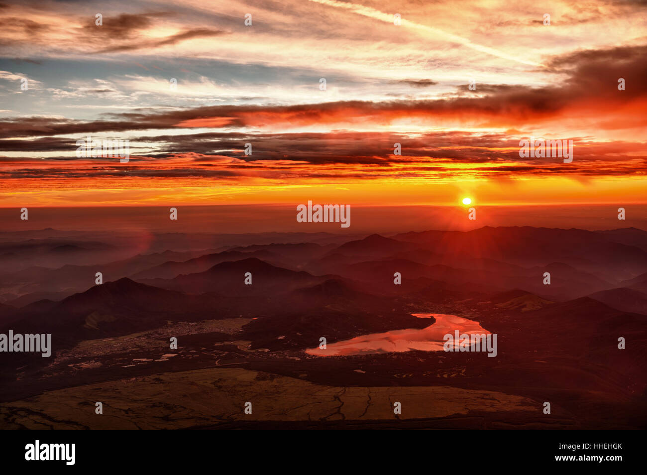 mountains, sunrise, japan, fresh water, lake, inland water, water, rays ...