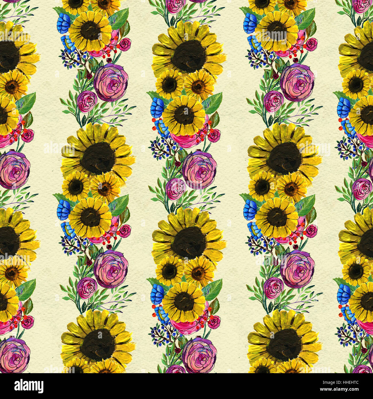 Seamless pattern with blue yellow and pink flowers Stock Photo - Alamy