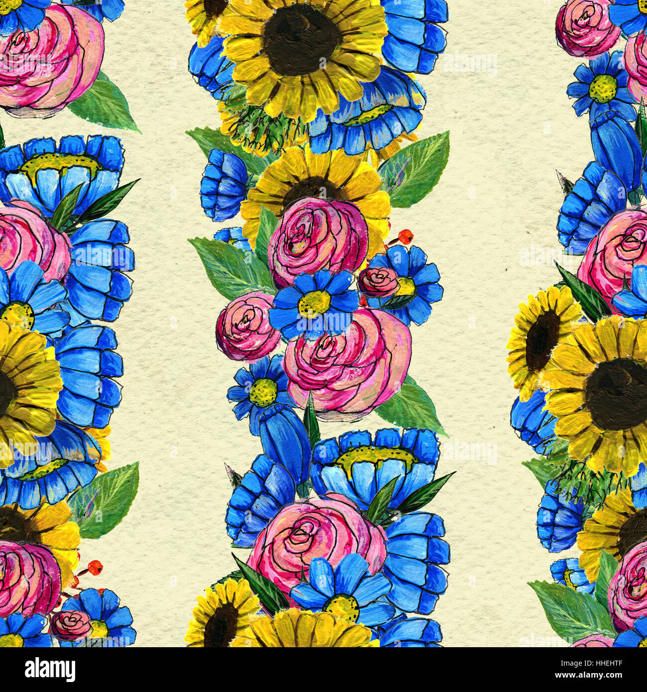 Seamless pattern with blue yellow and pink flowers Stock Photo - Alamy