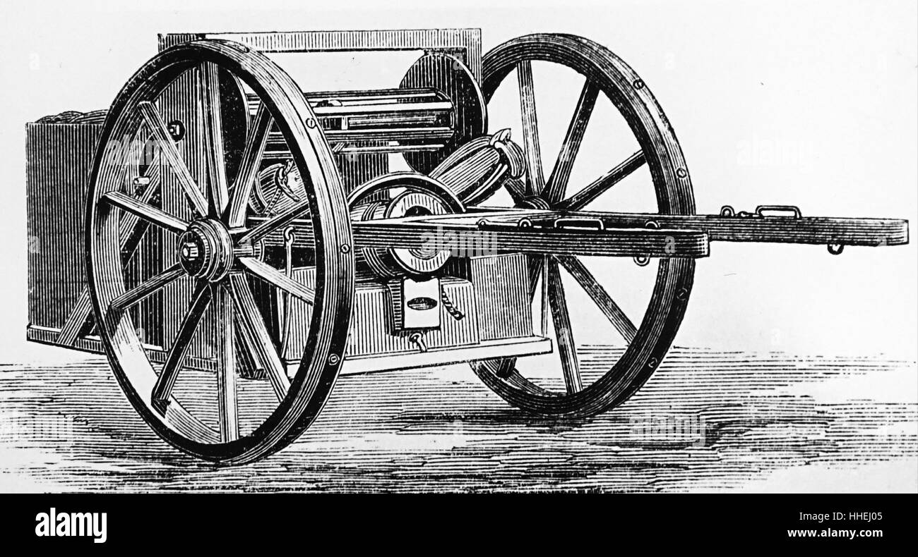 Engraving of a cannon for firing winged projectile carrying a line from ...