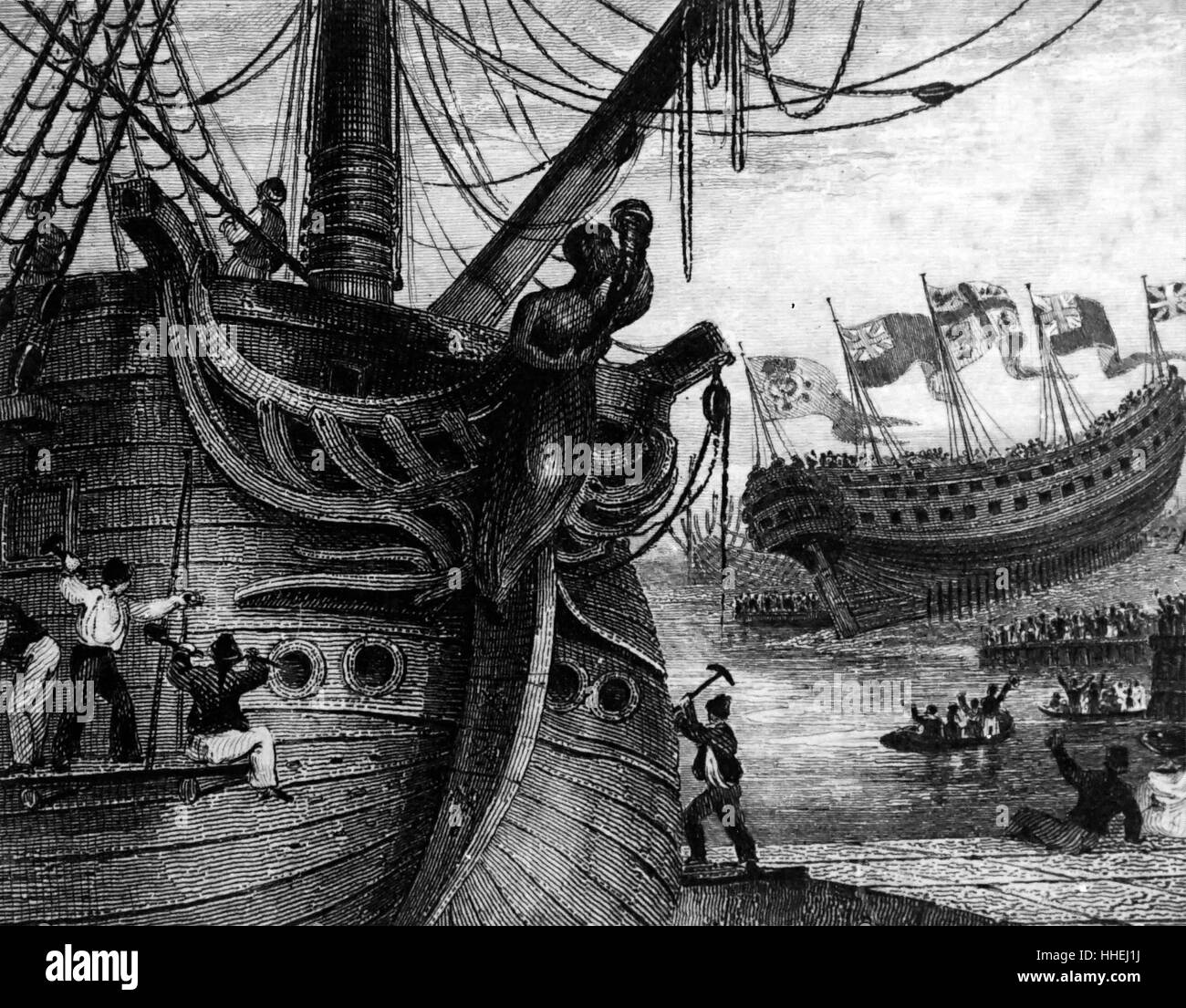 Engraving depicting men at work in a shipyard. Dated 19th Century Stock ...