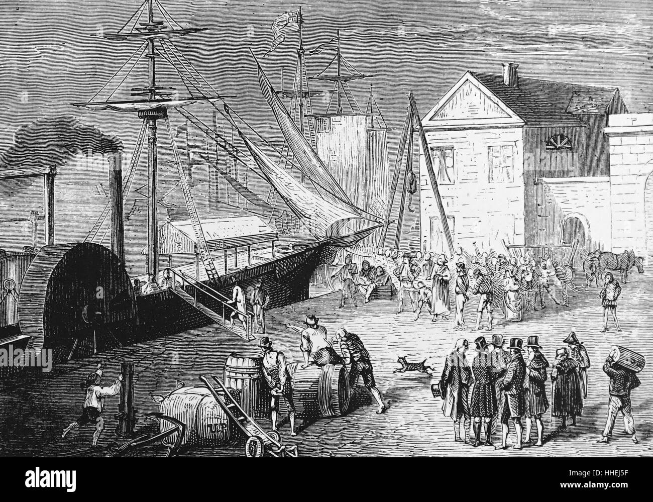 Engraving depicting Robert Fulton's paddle steamer 'Clermont' which ...