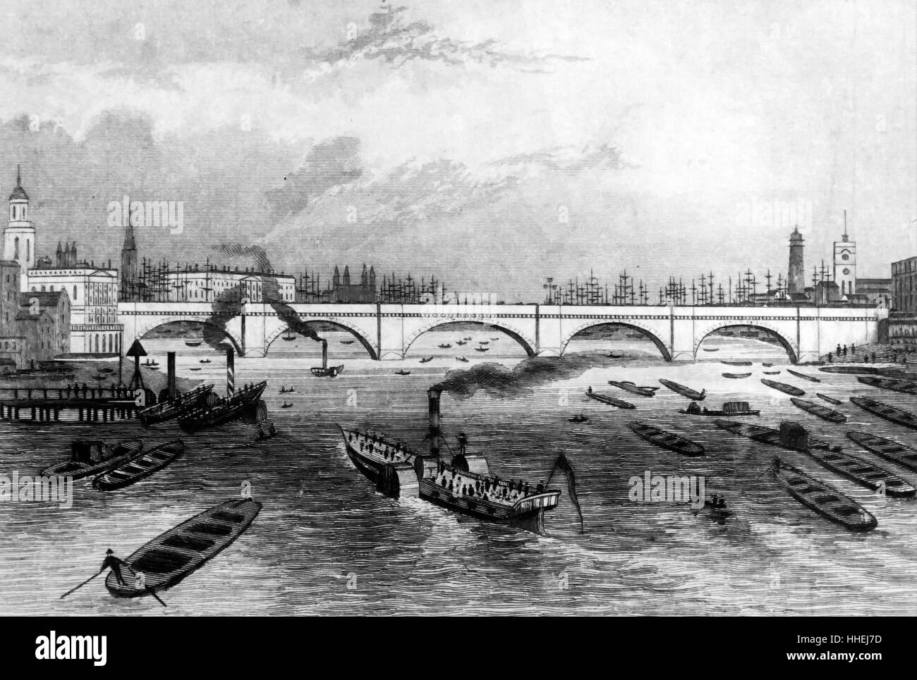 Engraving depicting the London Bridge, showing the traffic of barges ...