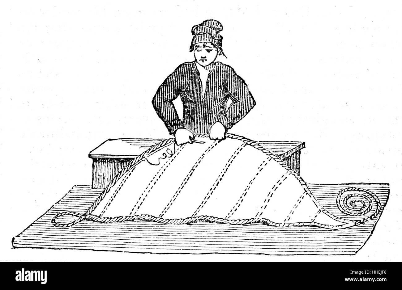 Illustration of a sailmaker seen repairing a sail for a sailboat. Dated ...