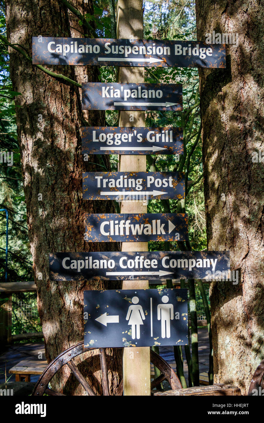 Multi direction finger post sign at the Capilano Suspension Bridge Park ...