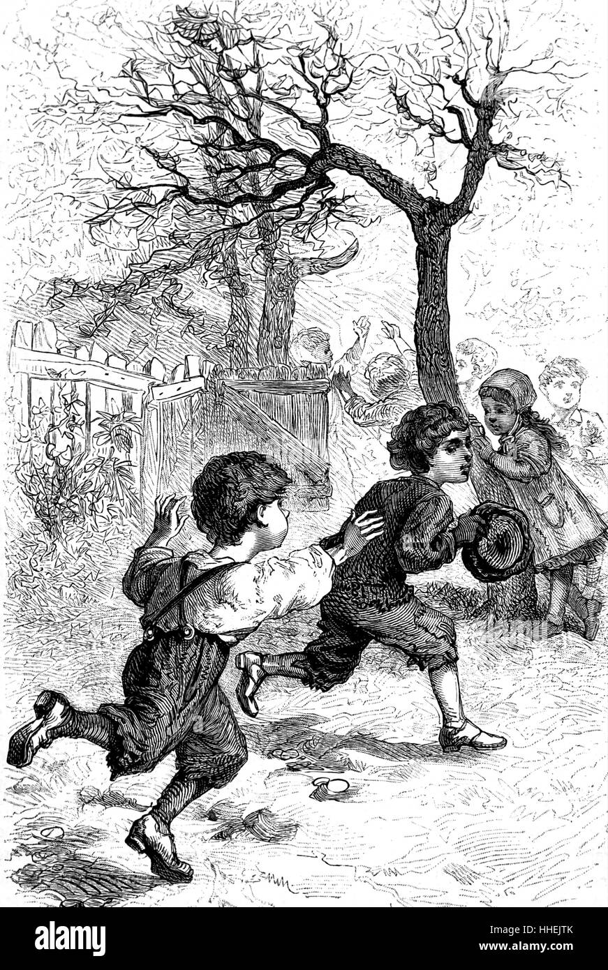 Engraving depicting young children playing together in a playground ...