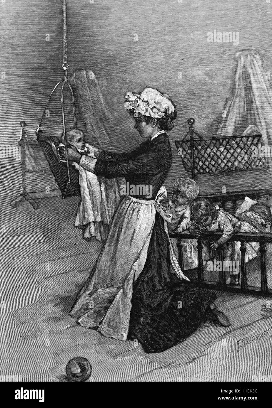 Illustration of a young nursemaid preparing the youngest children for ...