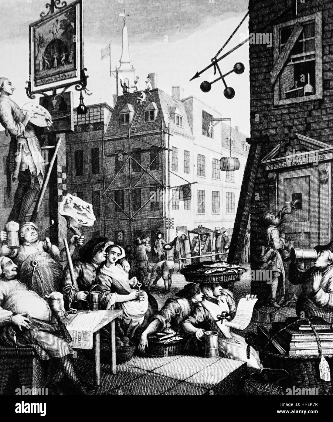Engraving titled 'Beer Street' by William Hogarth (1697-1764) depicting ...