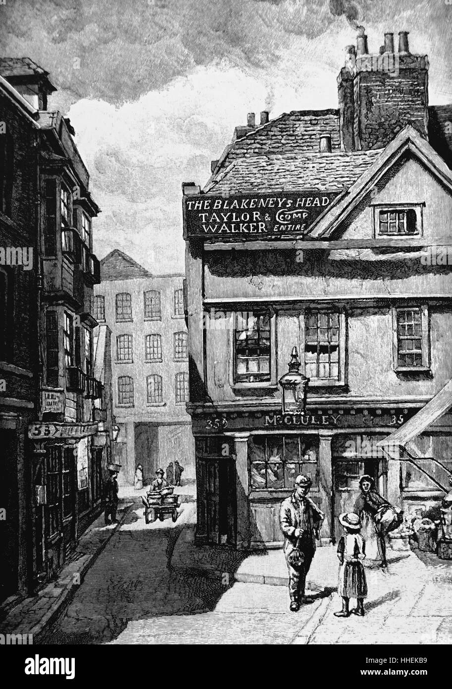 Illustration depicting Blakeney's Head public house, Bartholomew Close ...