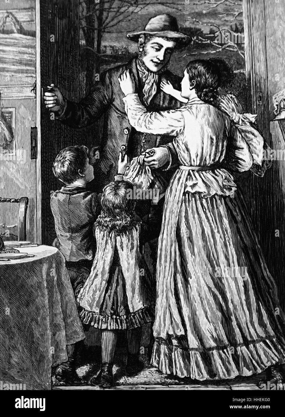 Illustration depicting a labourer returning home from work. Dated 19th ...