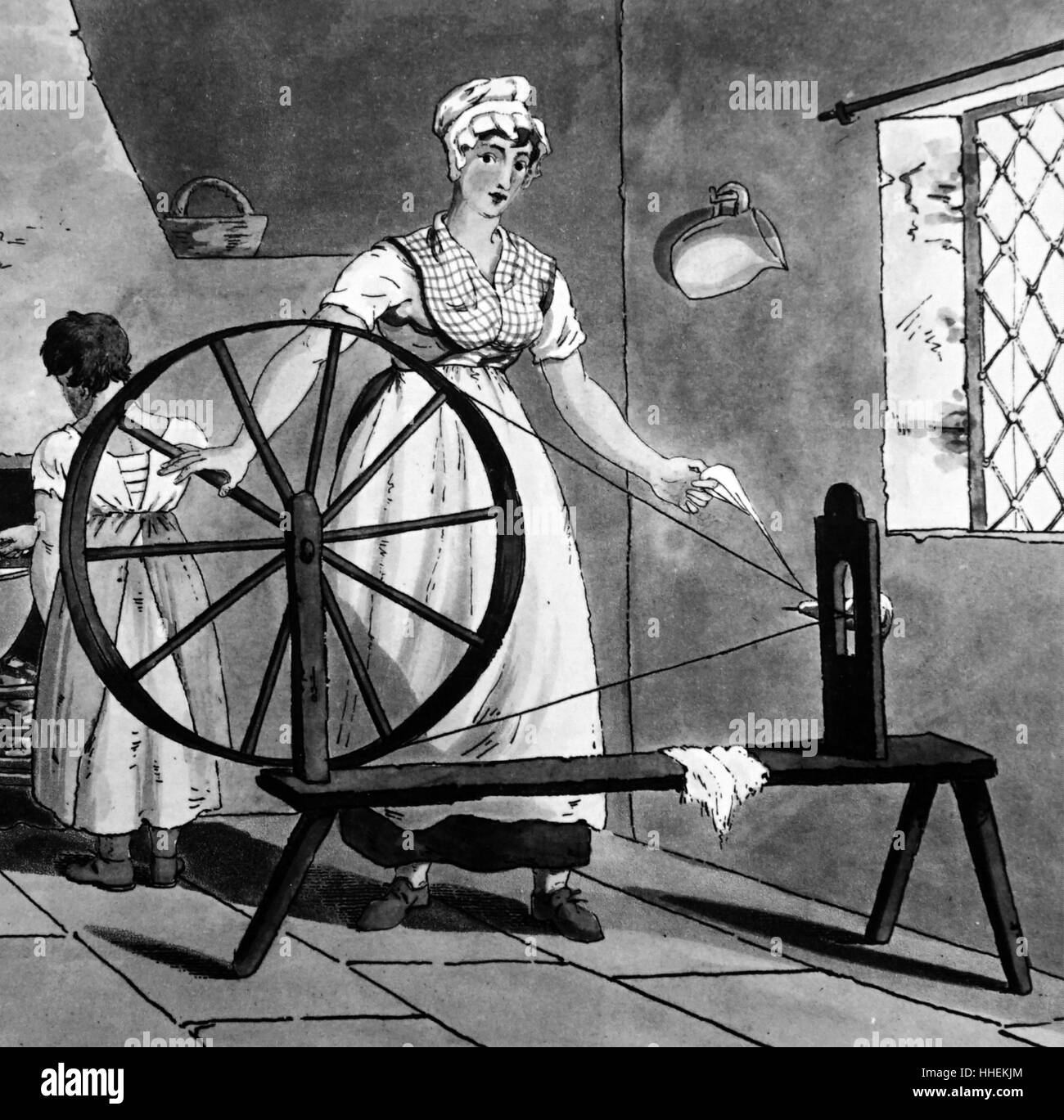 Illustration depicting a cottager spinning while her mother reels the ...