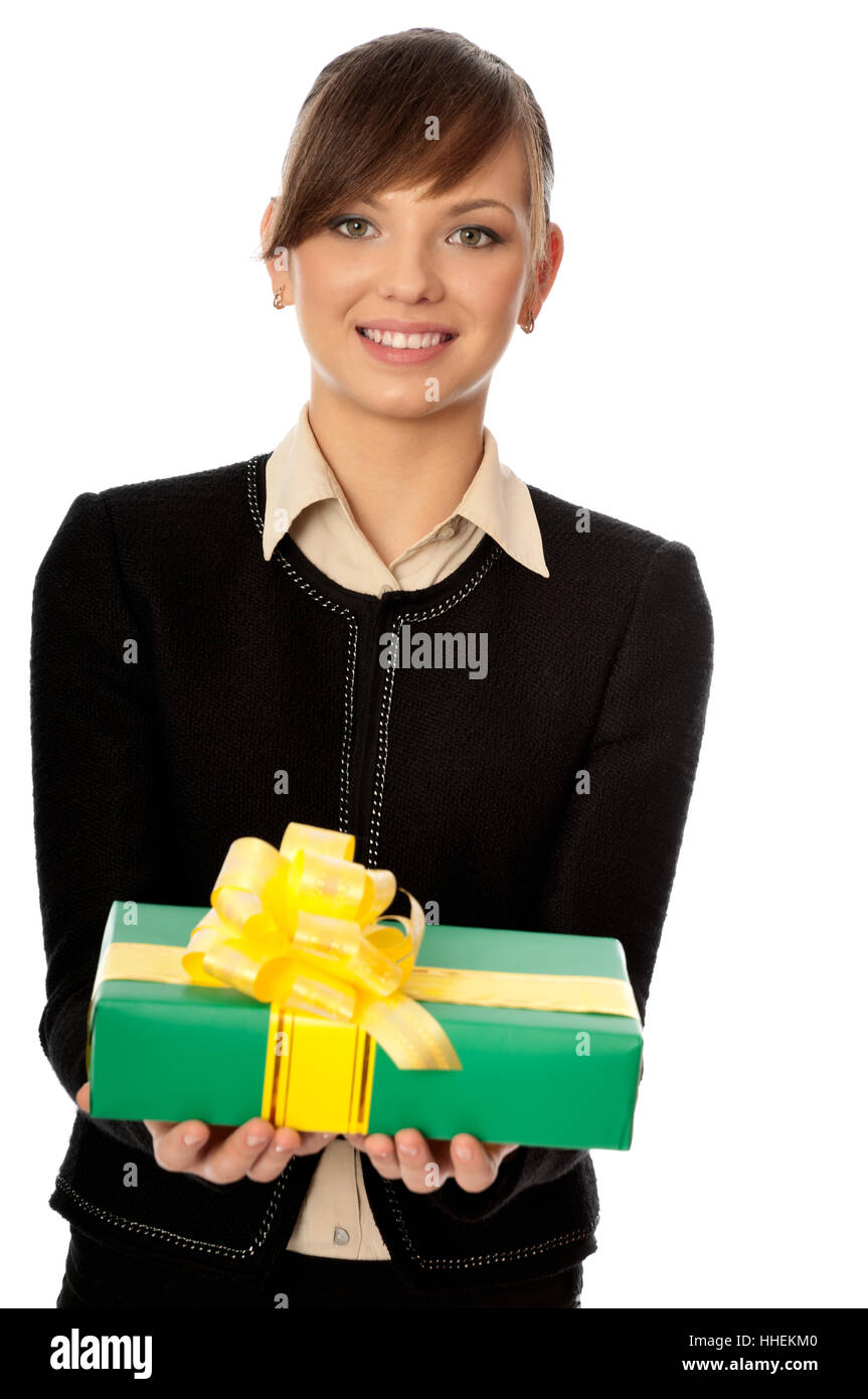 woman, present, hand, greeting, object, single, female, green, face ...