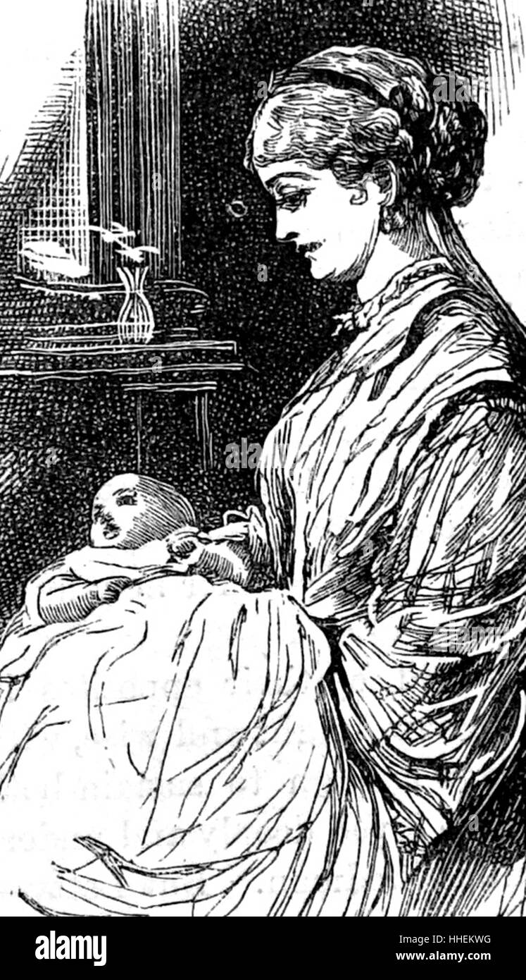 Illustration depicting a young mother nursing her infant child ...