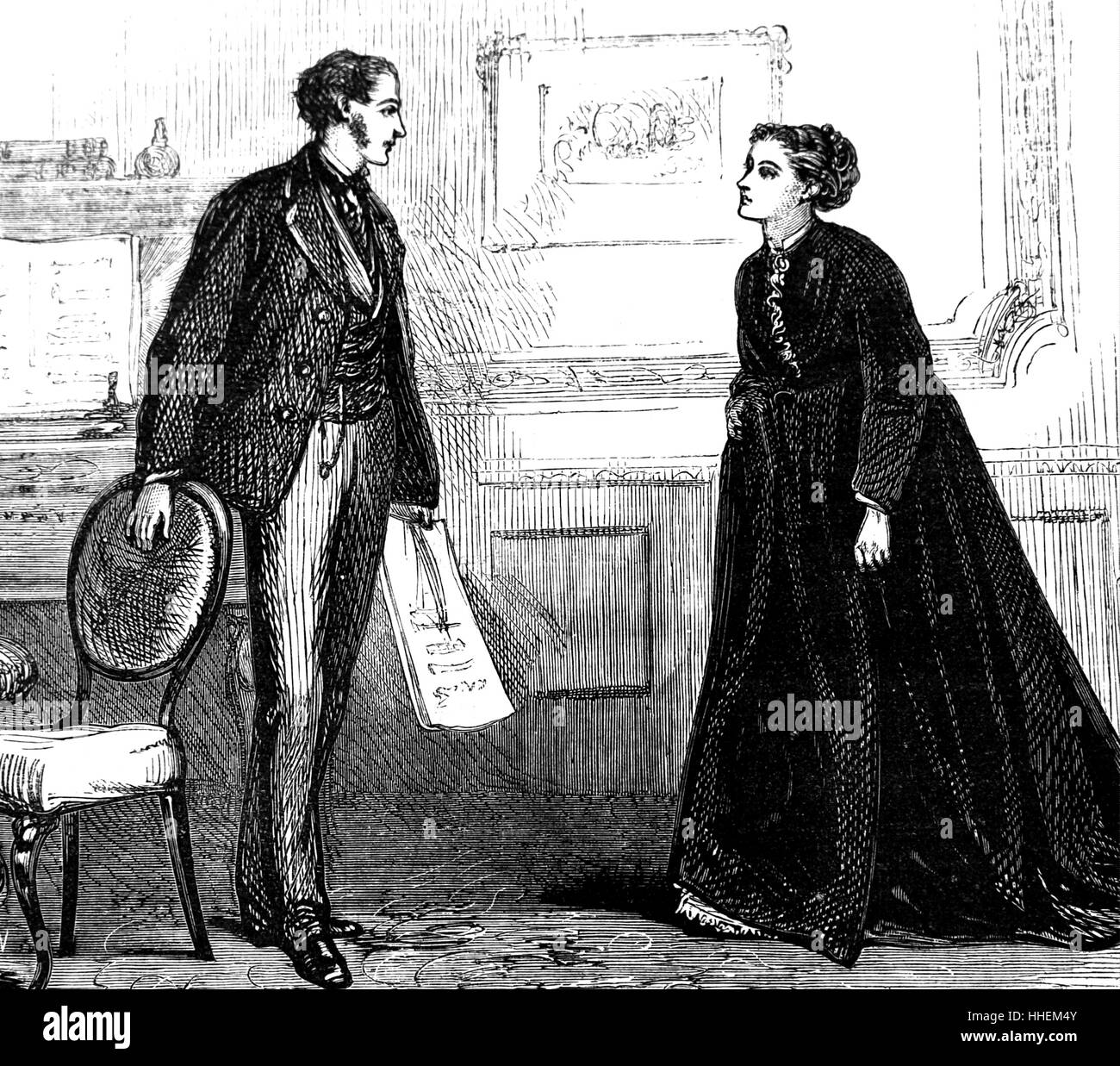 Illustration depicting a mourning woman receiving a visitor. Dated 19th ...