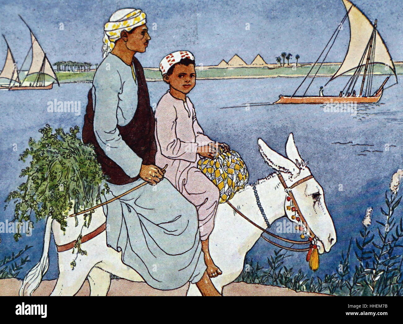 Colour illustration depicting an Arab father and son, riding on a ...