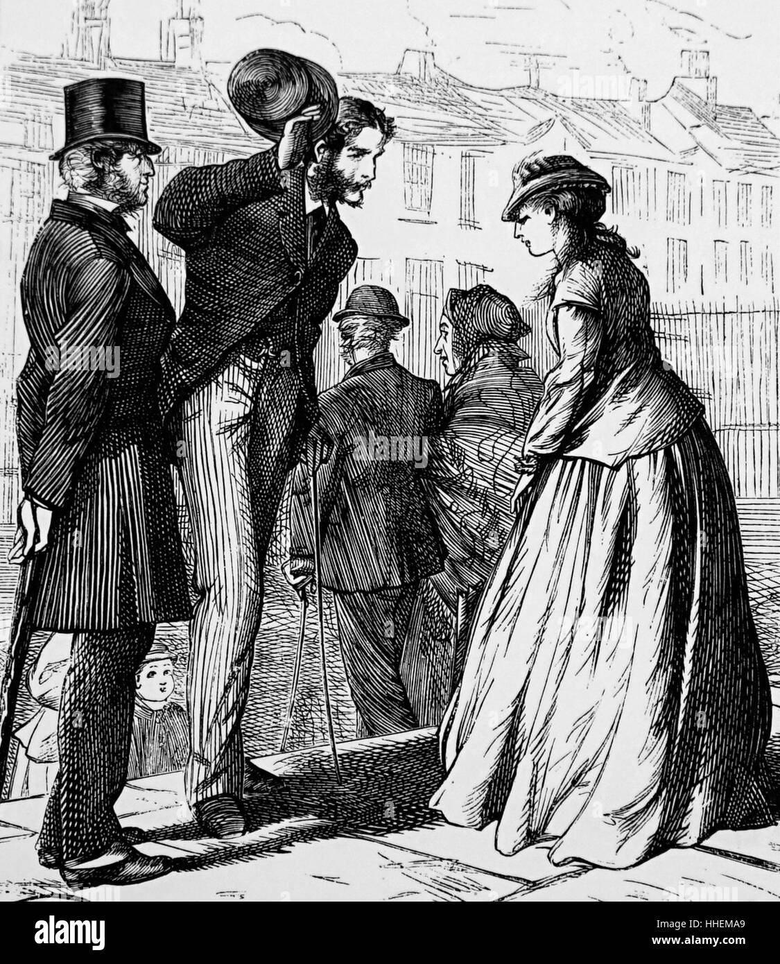 Illustration depicting gentlemen in top hats greeting a lady wearing a ...