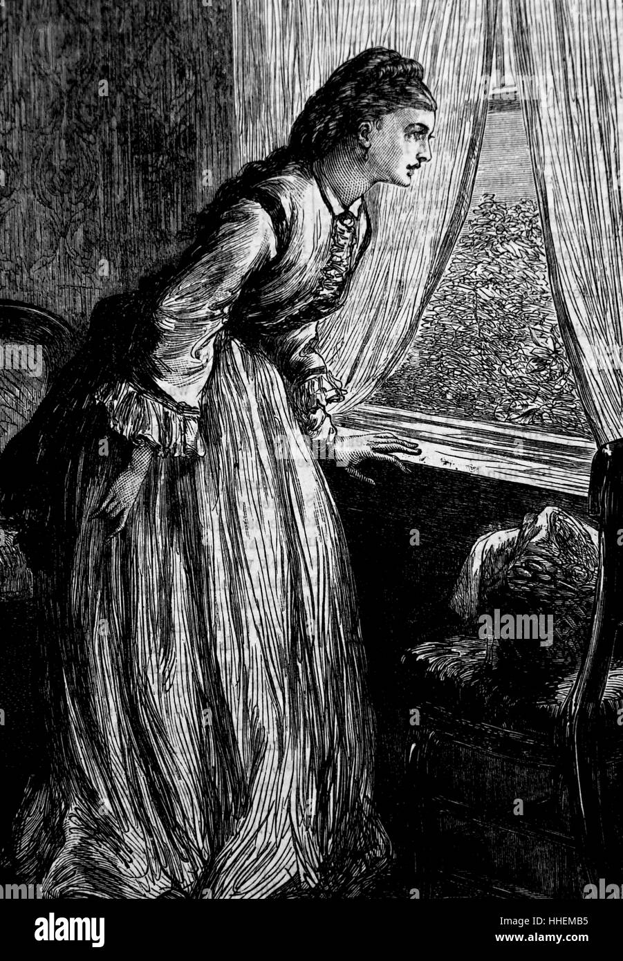 Engraving of a woman awaiting a guest, she is looking out of the window ...