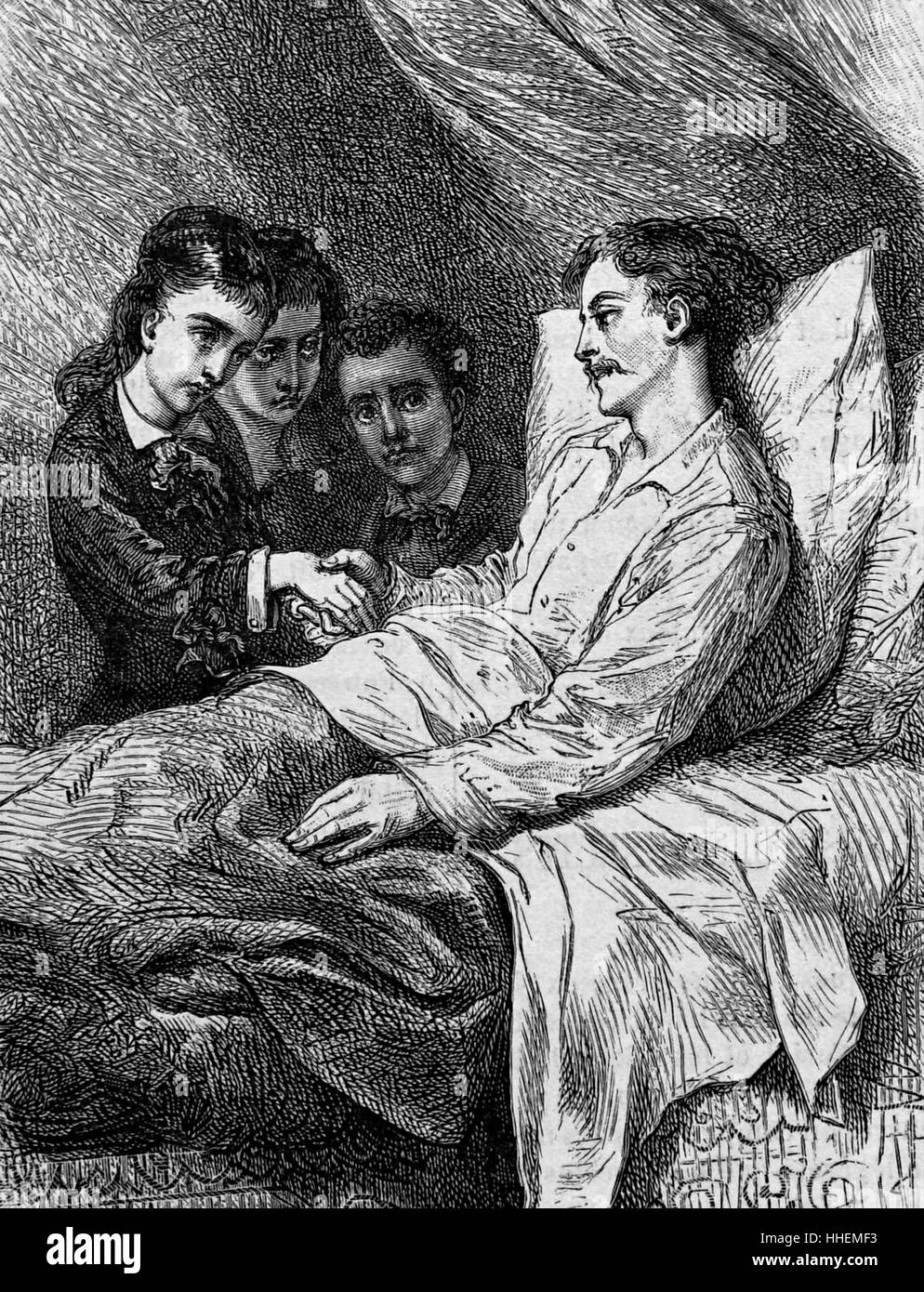 Illustration depicting children around their father's deathbed in Paris ...