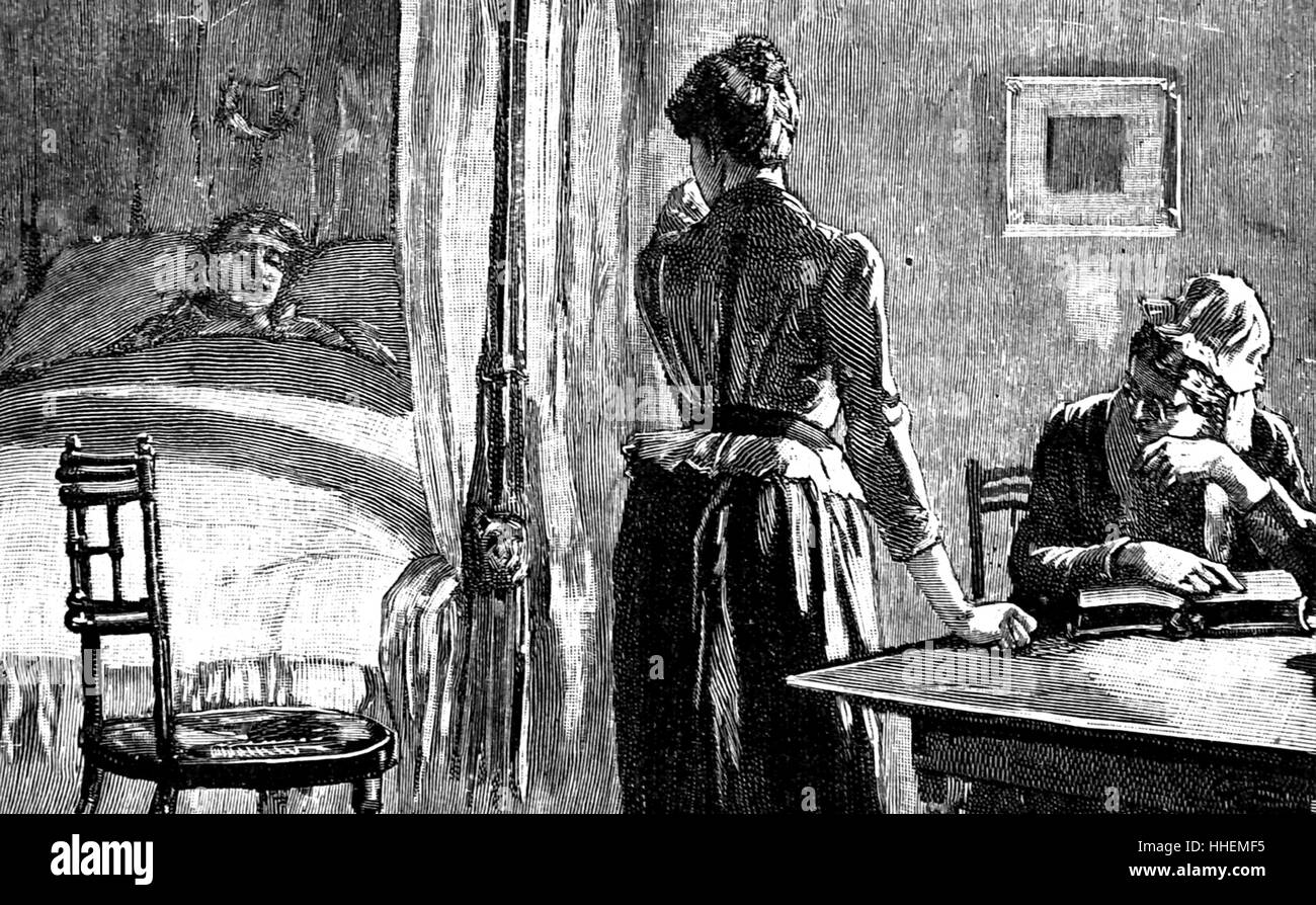 Illustration depicting a wife at the deathbed of her husband, whilst ...