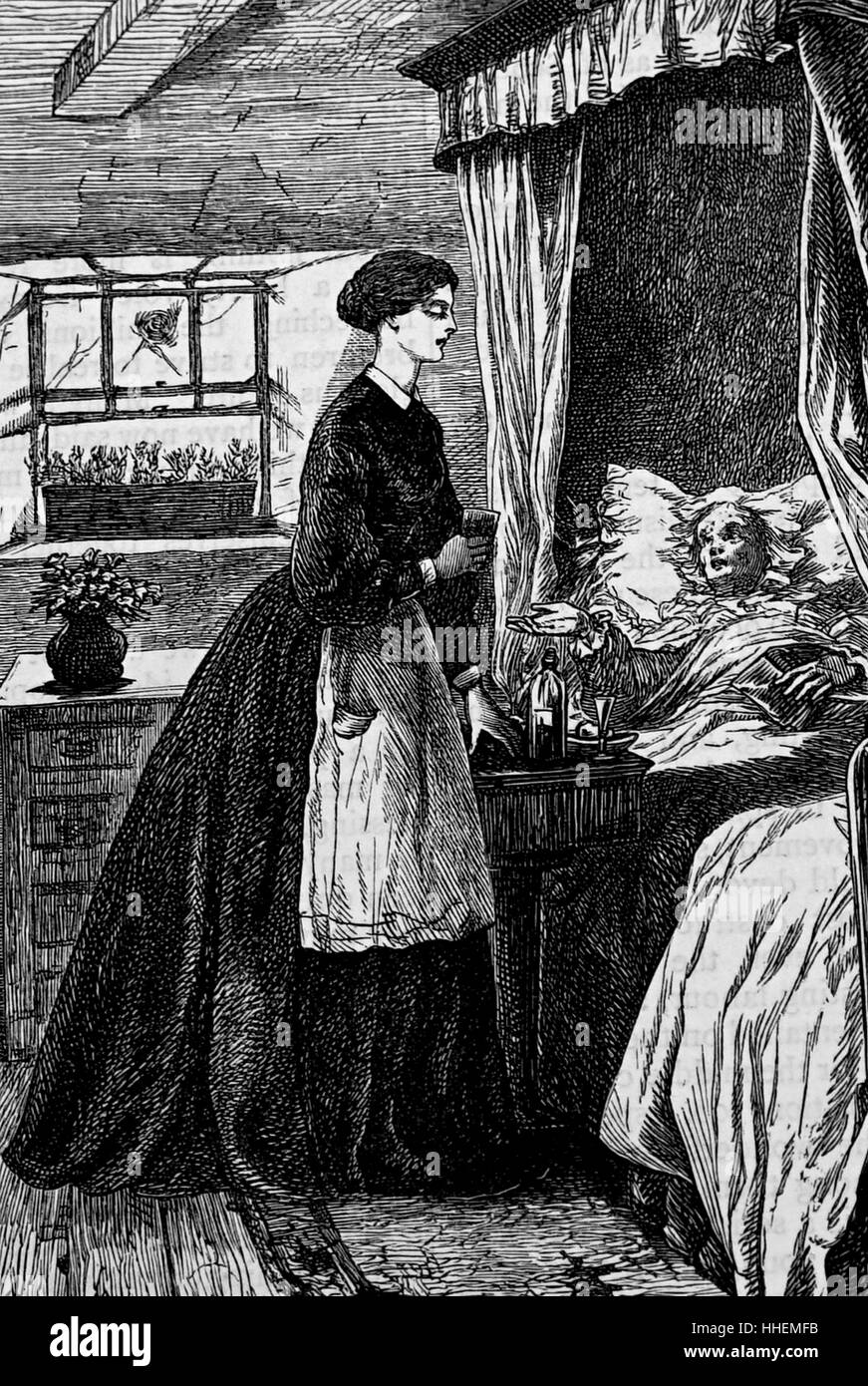 Illustration depicting a daughter beside her mother's deathbed. Dated ...