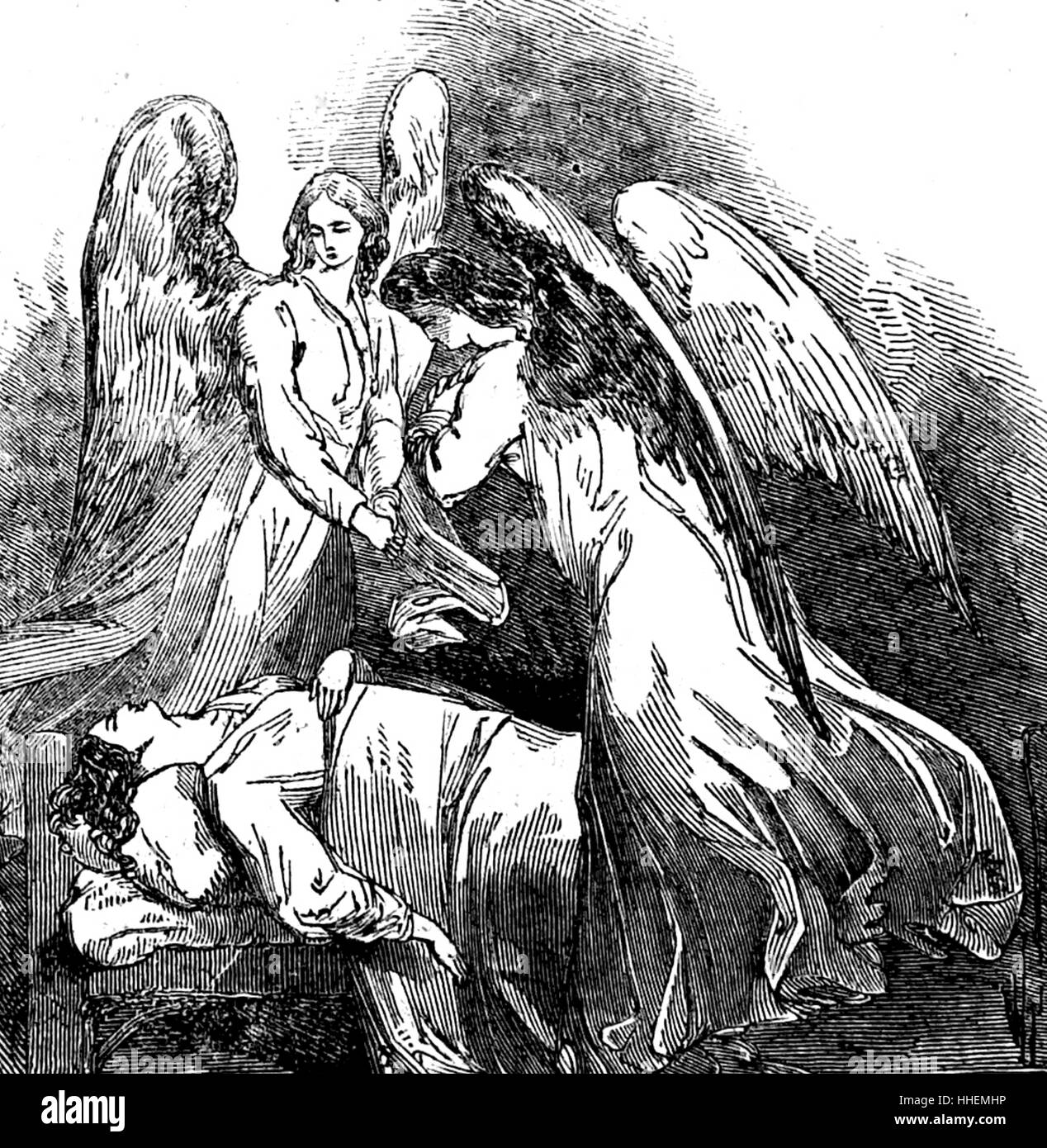 Illustration depicting angels floating by the deathbed of a young woman ...