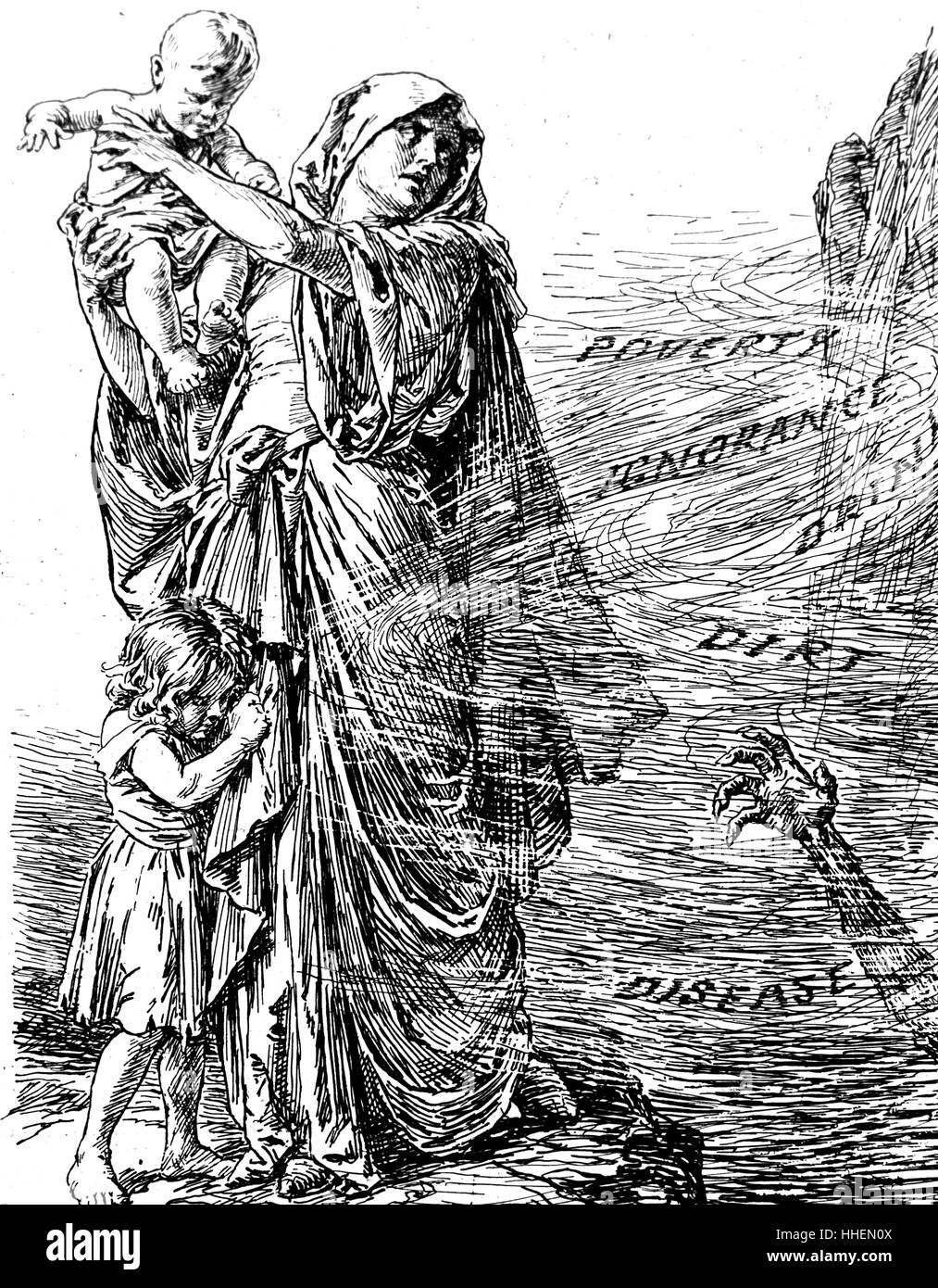 Illustration depicting a destitute mother protecting her children from ...