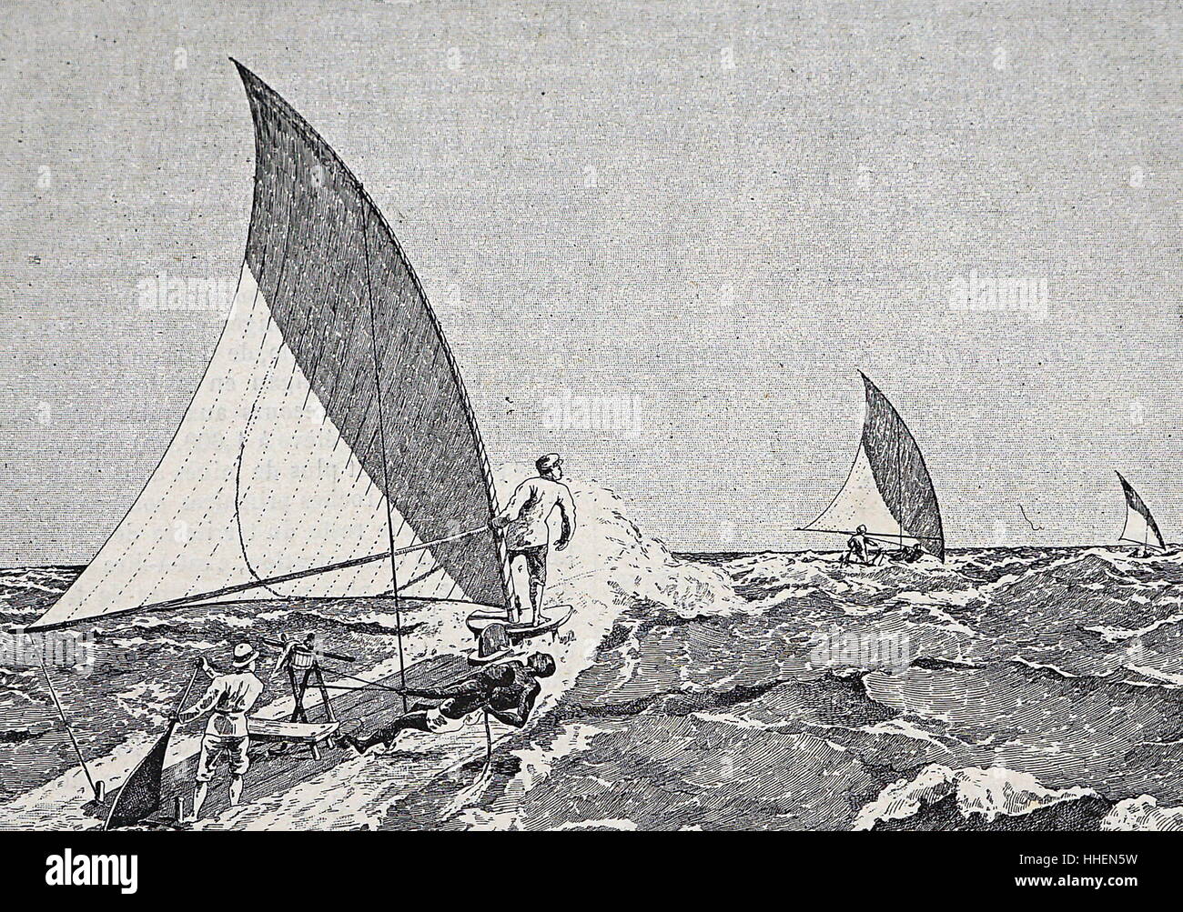 Two black servants balance the sail on a French colonial yacht off the ...