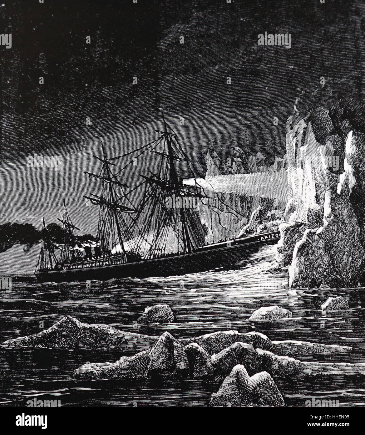 Illustration depicting the 'Arizona' striking an iceberg at night ...