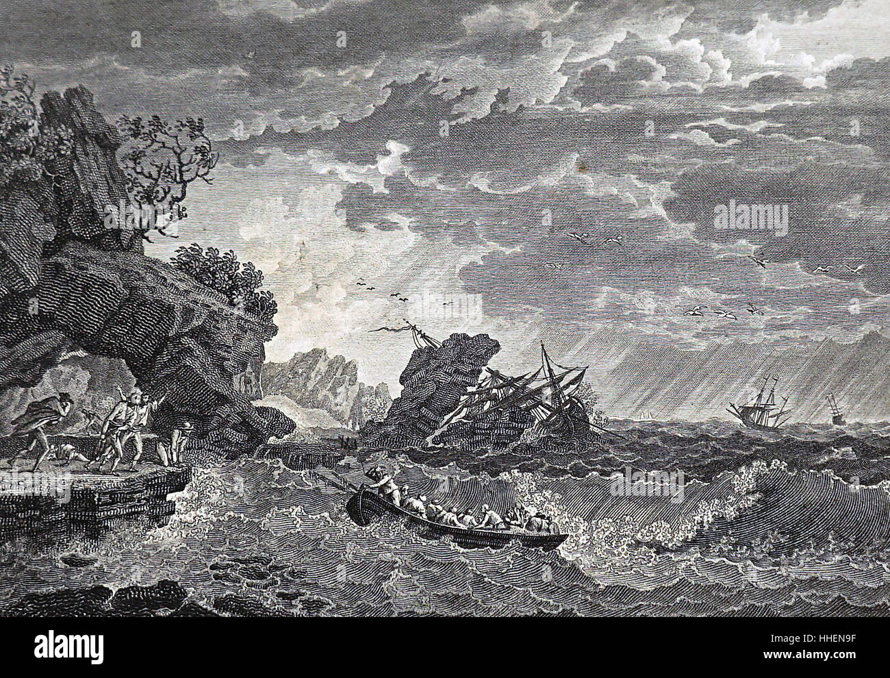 Engraving depicting a shipwreck and the crew safely in the lifeboat ...