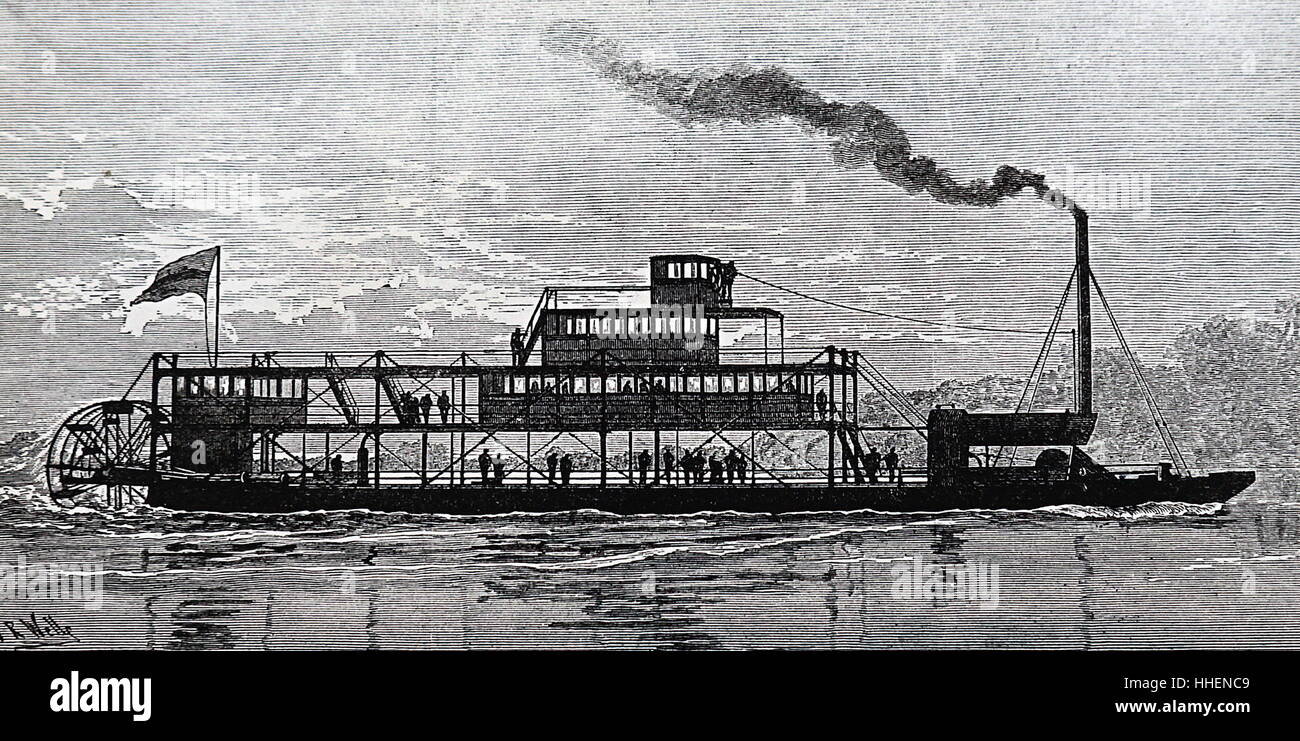 Illustration depicting a shallow draft steamer with its paddle at the ...