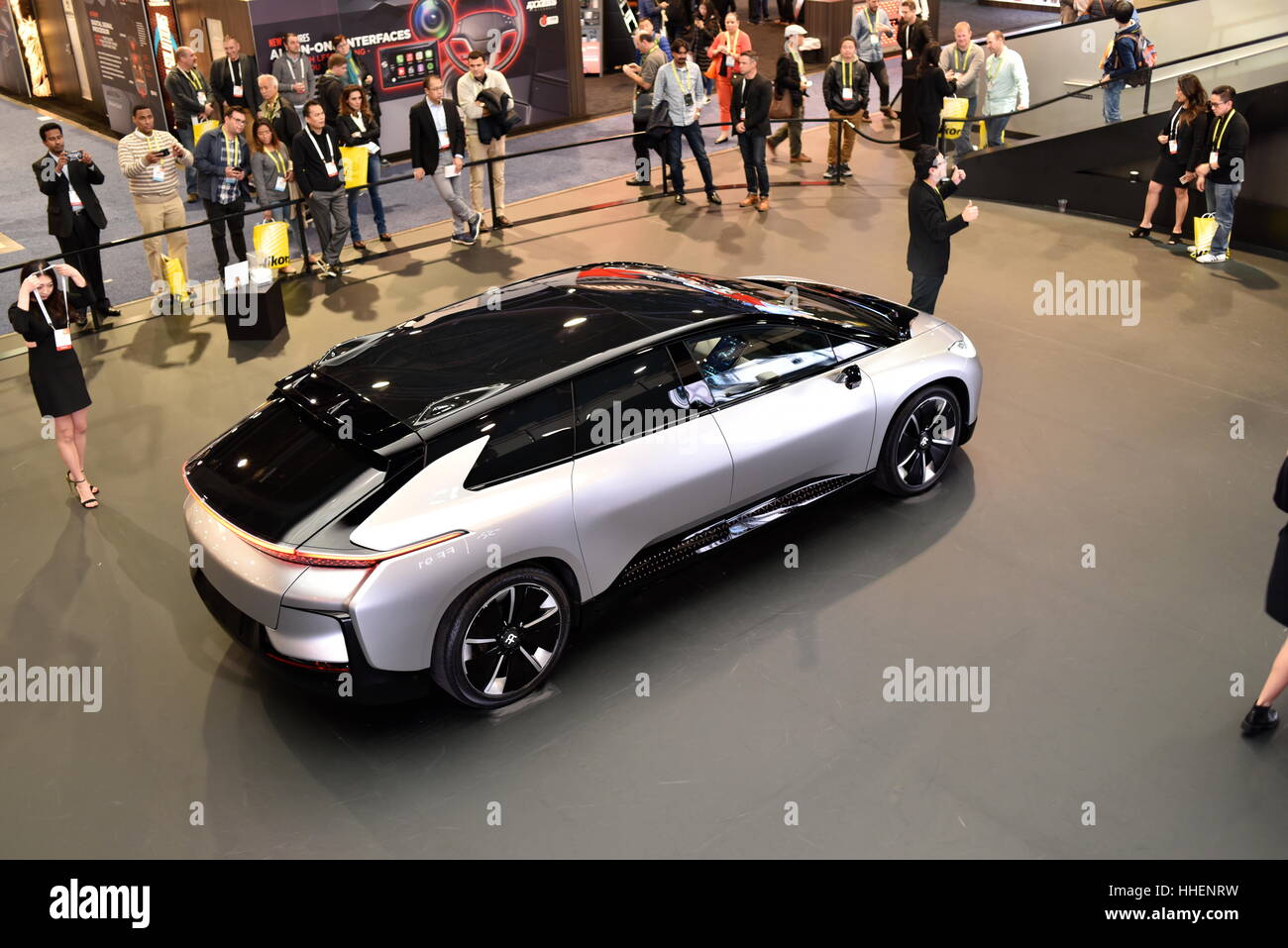 Start-up Faraday Future’s first production car, the FF91 electric vehicle, on display at the CES ...